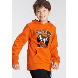 Kapuzensweatshirt Kidsworld "F&Uuml;R ZOCKER", Jungen, Gr. 128/134, orange, angeraute Sweatware, Obermaterial: 100% Baumwolle. Kapuzenfutter: 100% Baumwolle, bedruckt, Basic, Rippb&uuml;ndchen, Sweatshirts, Langarm, mit Rippb&uuml;ndchen, bedruckt