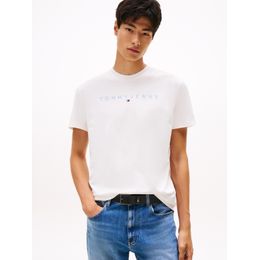 T-Shirt Tommy Jeans "TJM REG LINEAR LOGO TEE EXT", Herren, Gr. M, bunt (ecru multi), Single Jersey, Obermaterial: 100% Baumwolle, bestickt, unifarben, regular fit normal, Rundhals, abgesteppte Kante, Shirts T-Shirt, Rundhals, Regular Fit