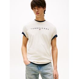 T-Shirt Tommy Jeans "TJM REG LINEAR LOGO TEE EXT", Herren, Gr. M, beige (desert sand dune), Single Jersey, Obermaterial: 100% Baumwolle, bestickt, unifarben, regular fit normal, Rundhals, abgesteppte Kante, Shirts T-Shirt, Rundhals, Regular Fit