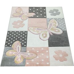 Kinderteppich Paco Home "Cosmo 220", bunt (mehrfarbig), B:240cm H:12mm L:340cm, Polypropylen, Teppiche, Kinderteppich, 3D-Design, Patchwork Muster, niedliches Motiv Schmetterlinge & Punkte
