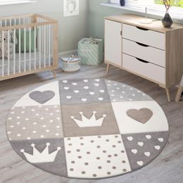 Kinderteppich Paco Home "Cosmo 339", beige, H:16mm &Oslash;:200cm, Polypropylen, Teppiche, Kinderteppich, Kurzflor, Pastell-Farben, 3D-Effekt, Motiv Herz, Punkte & Krone