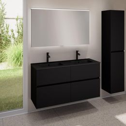 evineo ineo5 evo Unterschrank B: 120 cm mit 4 Ausz&uuml;gen, Slim-Doppelwaschtisch schwarz matt, mit ineo Lichtspiegel,, BE0837BM+BE0960BM+BEA012MI,