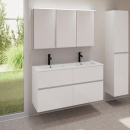 evineo ineo5 evo Unterschrank B: 120 cm mit 4 Ausz&uuml;gen, Slim-Doppelwaschtisch wei&szlig; matt, mit ineo Spiegelschrank,, BE0837WM+BE0960WH+BEA004MI,