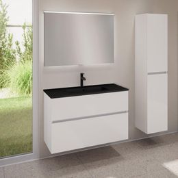 evineo ineo5 evo Unterschrank B: 100 cm mit 2 Ausz&uuml;gen, Slim-Waschtisch schwarz matt, mit ineo Lichtspiegel,, BE0836BM+BE0958WH+BEA011MI,