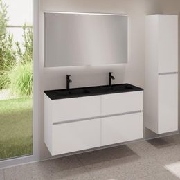 evineo ineo5 evo Unterschrank B: 120 cm mit 4 Ausz&uuml;gen, Slim-Doppelwaschtisch schwarz matt, mit ineo Lichtspiegel,, BE0837BM+BE0960WH+BEA012MI,