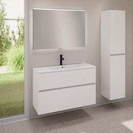 evineo ineo5 evo Unterschrank B: 100 cm mit 2 Ausz&uuml;gen, Slim-Waschtisch wei&szlig; matt, mit ineo Lichtspiegel,, BE0836WM+BE0958WM+BEA011MI,