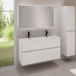 evineo ineo5 evo Unterschrank B: 120 cm mit 4 Ausz&uuml;gen, Slim-Doppelwaschtisch wei&szlig; matt, mit ineo Lichtspiegel,, BE0837WM+BE0960WM+BEA012MI,