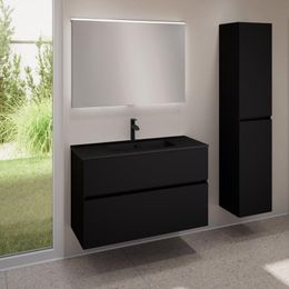 evineo ineo5 evo Unterschrank B: 100 cm mit 2 Ausz&uuml;gen, Slim-Waschtisch schwarz matt, mit ineo Lichtspiegel,, BE0836BM+BE0958BM+BEA011MI,