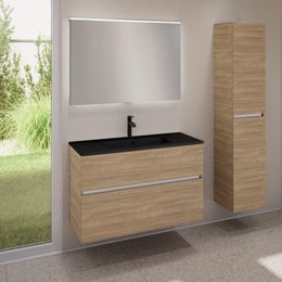 evineo ineo5 evo Unterschrank B: 100 cm mit 2 Ausz&uuml;gen, Slim-Waschtisch schwarz matt, mit ineo Lichtspiegel,, BE0836BM+BE0958OA+BEA011MI,