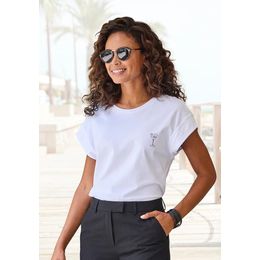 Lascana Kurzarmshirt wei&szlig; Gr. 32/34 f&uuml;r Damen. Rundhals und Druck. Figurumspielend. Nachhaltig.
