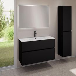 evineo ineo5 evo Unterschrank B: 100 cm mit 2 Ausz&uuml;gen, Slim-Waschtisch wei&szlig; matt, mit ineo Lichtspiegel,, BE0836WM+BE0958BM+BEA011MI,