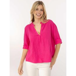 Schlupfbluse Zwillingsherz "Neon Kante", Damen, neonpink, Stoff, Obermaterial: 100% Baumwolle, figurumspielend Po-bedeckend, V-Ausschnitt, gerader Abschluss krempelbar, Blusen Schlupfbluse, Musselin, eingefasster V-Neck in Neon, 3/4 Arm, hinten leicht l&auml;nger