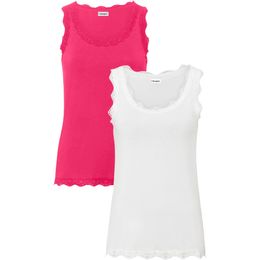 Shirttop bonprix, Damen, Gr. 44/46 (L), dunkelpink, wollwei&szlig;, Jersey, Obermaterial: 95% Viskose, 5% Elasthan. Spitze: 90% Polyamid, 10% Elasthan, mehrfarbig, unifarben, slim fit h&uuml;ftbedeckend, Rundhals, Spitze, Tops Shirttop, schmale Passform, mit dekorativer Spitze, aus Viskose-Mix