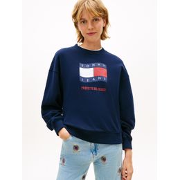 Sweatshirt Tommy Jeans "TJW BXY WAVY FLAG CREW EXT", Damen, Gr. S (36), schwarz night navy, Sweatware, Obermaterial: 100% Baumwolle, bedruckt, l&auml;ssig geschnitten normal, Rundhals, Rippb&uuml;ndchen, Sweatshirts Sweatshirt, Boxy Fit mit Rundhals