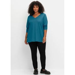 V-Shirt sheego "Langarmshirt", Damen, Gr. 48/50, topas, 100% Baumwolle, unifarben, V-Ausschnitt, Shirts
