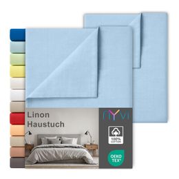 NYVI Linon Deluxe Bettlaken ohne Gummizug aus 100% atmungsaktiver Baumwolle - Betttuch auch als Sommerdecke nutzbar Farbe:Hellblau;Gr&ouml;&szlig;e:150x250 cm (2er Set)