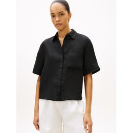 Kurzarmbluse Tommy Hilfiger "ESS LINEN SHORT SLEEVE SHIRT", Damen, Gr. M (40), schwarz, Web, Obermaterial: 100% Leinen, unifarben, gerade normal, V-Ausschnitt, abgesteppte Kante, Blusen, mit aufgesetzter Brusttasche und Flag-Stickerei, reines Leinen