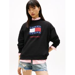 Sweatshirt Tommy Jeans "TJW BXY WAVY FLAG CREW EXT", Damen, Gr. M (38), schwarz, Sweatware, Obermaterial: 100% Baumwolle, bedruckt, l&auml;ssig geschnitten normal, Rundhals, Rippb&uuml;ndchen, Sweatshirts Sweatshirt, Boxy Fit mit Rundhals