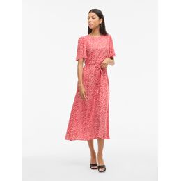 Druckkleid Vila "VIGRACE O-NECK S/S MIDI DRESS - NOOS", Damen, Gr. 40, N-Gr, rot (hibiscus aop:dot sandshell), Web, Obermaterial: 100% Viskose, bedruckt, regular fit Midi, Rundhals, Kleider Druckkleid, Sommerkleid