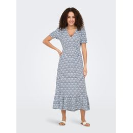 Maxikleid Only "ONLCHIANTI S/S LONG DRESS WVN NOOS", Damen, Gr. L, N-Gr, cloud dancer aop:smith blau graphic, Web, Obermaterial: 100% Viskose, bedruckt, regular fit kn&ouml;chellang, V-Ausschnitt, Kleider Maxikleid, Viskose, regular fit
