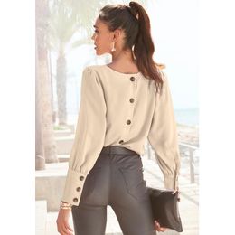 Lascana Langarmbluse beige Gr. 42 f&uuml;r Damen. Rundhals und Kunststoffknopf. Figurumspielend