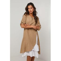 Le Monde du Lin Leinen-Kleid in Beige/ Wei&szlig; - 77% | Gr&ouml;&szlig;e 34/36 | Damen-kleider
