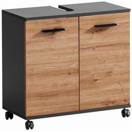 Waschbeckenunterschrank Welltime "Palermo, Breite 59 cm", schwarz (anthrazit, artisaneichefarben), B:59,8cm H:63,4cm T:32,6cm, FSC-zertifizierter Holzwerkstoff, Schr&auml;nke, Waschbeckenunterschrank, Metallbeschl&auml;ge, Siphonausschnitt