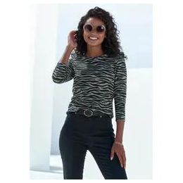 3/4-Arm-Shirt Lascana "mit modischem Animal-Print", Damen, Gr. 32/34, schwarz (khaki, schwarz), Single Jersey, Obermaterial: 95% Baumwolle, 5% Elasthan, Basic, Basic schmal normal, Rundhals, abgesteppt, Shirts 3/4-Arm-Shirt, aus weicher Baumwoll-Qualit&auml;t, Topseller
