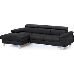 Ecksofa COTTA "Komaris L-Form, B: 244 cm", schwarz, B:244cm H:72cm T:166cm, Microfaser PRIMABELLE (100% Polyester);Kunstleder SOFTLUX(100%Polyurethan);Feinstruktur (100% Polyester);Kunstleder SOFTLUX/Struktur (100%Polyurethan, 90%Polyester, 10% Polyacryl), Sofas, Ecksofa, mit Kopfteilverstellung, optional Bettfunktion, Bettkasten & Licht