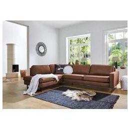 Ecksofa Home Affaire "Pinto, 290 cm, Cord, Chenille, Lederoptik, Ottomane links / rechts", braun, B:290cm H:85cm T:217cm, Luxus-Microfaser in Lederoptik (100% Polyester);Cord (92% Polyester, 8% Polyamide), Sofas, Ecksofa, mit Keder, schwarze Metallf&uuml;&szlig;e, Wellenunterfederung