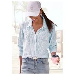 Langarmbluse Lascana, Damen, Gr. 34, blau, creme gestreift, Web, Obermaterial: 55% Baumwolle, 35% Viskose, 10% Leinen, bestickt, gestreift, figurumspielend kniebedeckend, mit Knopf, Blusen, mit floraler Stickerei, elegante Sommerbluse