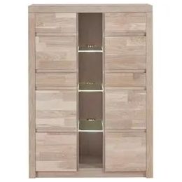 Highboard OTTO HOME "Silkeborg Fronten & Leisten aus Massivholz, Kospus aus Melamin", braun (eiche wei&szlig; gekalkt teilmassiv), Holzwerkstoff eichefarben wei&szlig; gekalkt (Korpsu) / Massivholz Eiche wei&szlig; gekalkt (Front), Holz teilmassiv, Sideboards, Highboard, B/T/H: 90/35/125cm, 6 Melamin & 3 Glas einlegeboden die variabel sind.