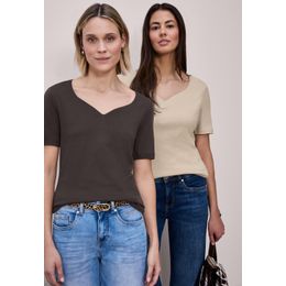 T-Shirt Street One, Damen, Gr. 34, cotton beige, espresso braun, Web, 50% Baumwolle, 50% Modal, unifarben, normal normal, Rundhals, abgesteppt, Shirts T-Shirt, im soften Baumwoll-Mix