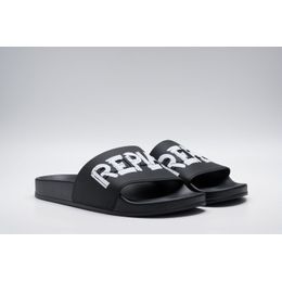 Badepantolette Replay, Herren, Gr. 45, schwarz, wei&szlig;, Synthetik, Basic, Schuhe, Sommerschuh, Badeschuh, Strandschuh, Flat mit Logoschriftzug