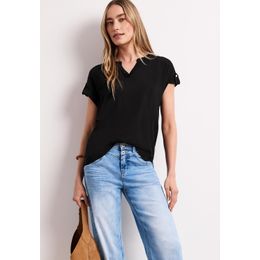 T-Shirt Street One, Damen, Gr. 34, schwarz, Web, 50% Baumwolle, 50% Modal, unifarben, normal normal, Rundhals, B&uuml;ndchen, Shirts T-Shirt, mit geschlitztem Rundhalsausschnitt