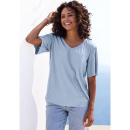 Plisseeshirt Lascana, Damen, Gr. 32/34, himmelblau, Jersey, Obermaterial: 65% Polyester, 35% Viskose, unifarben, l&auml;ssig geschnitten normal, V-Ausschnitt, offene Kante, Shirts, Angenehme Viskose-Mischqualit&auml;t