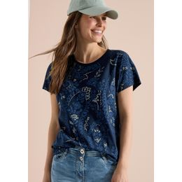 T-Shirt Cecil, Damen, Gr. L (42), universal blau, Web, 50% Baumwolle, 50% Modal, gebl&uuml;mt, comfort fit normal, Rundhals, abgesteppt, Shirts T-Shirt, Rundhalsausschnitt