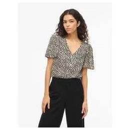 Hemdbluse Vila "VIGRACE V-NECK S/S SHIRT - NOOS", Damen, Gr. 42, sandshell aop:dot schwarz beauty, Obermaterial: 100% Viskose, bedruckt, regular fit normal, Blusen Hemdbluse