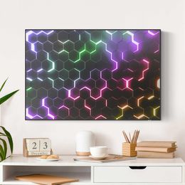Akustik-Wechselbild Strukturierte Hexagone mit Neonlicht