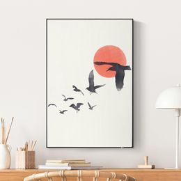 Akustik-Wechselbild Vogelschwarm vor Sonne