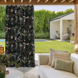 Outdoor Vorhang nach Ma&szlig; blickdicht - V&ouml;gel in dunkler Botanik - schwarz originell Tropisch mit &Ouml;sen wetterfest Balkon Pergola
