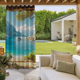 Bilderwelten Outdoor Vorhang nach Ma&szlig; blickdicht t&uuml;rkis Strand Fotomontage mit &Ouml;sen - Traumhafter Ausblick durchs Fenster - Berg Balkon Pergola
