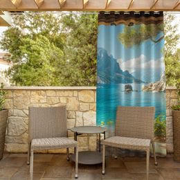 Outdoor Vorhang nach Ma&szlig; blickdicht - Traumhafter Ausblick durchs Fenster - t&uuml;rkis Strand Fotomontage mit &Ouml;sen Berg Balkon Pergola