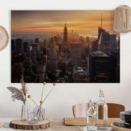 Bilderwelten Akustikbild Stadt orange Motiv Schallschutzbild - Manhattan Skyline Abendstimmung - Architektur Wohnzimmer Schlafzimmer