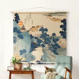 Bilderwelten Wandteppich blau Vintage Stoffbild - Asiatische Zeichnung mit Fluss - Retro Wohnzimmer Schlafzimmer