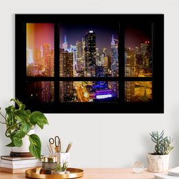Bilderwelten Akustikbild Stadt bunt Motiv Schallschutzbild - Fensterblick Manhattan bei Nacht - Architektur Wohnzimmer Schlafzimmer