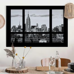 Bilderwelten Akustikbild Stadt schwarz weiss Motiv Schallschutzbild - Fensterblick New York Skyline schwarz wei&szlig; - Architektur Wohnzimmer Schlafzimmer