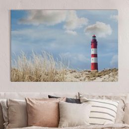 Bilderwelten Akustikbild Strand blau Motiv Schallschutzbild - Leuchtturm in den D&uuml;nen - D&uuml;nen Wohnzimmer Schlafzimmer