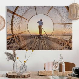 Bilderwelten Akustikbild Natur orange Motiv Schallschutzbild - Intha Fischer am Morgen - Asia Wohnzimmer Schlafzimmer