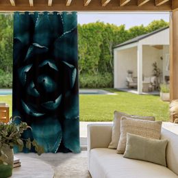 Outdoor Vorhang nach Ma&szlig; blickdicht - Sukkulente Petrol II - petrol Sonnenschutz Tropisch mit &Ouml;sen wetterfest Balkon Pergola